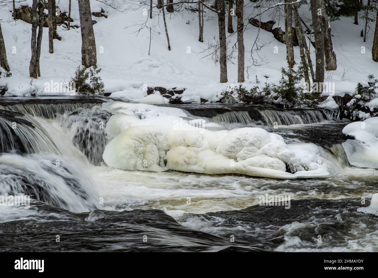 Winter photograph of Bond Falls, a step falls on the Middle Branch of ...