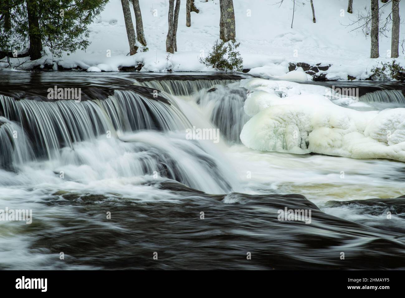 Winter photograph of Bond Falls, a step falls on the Middle Branch of ...
