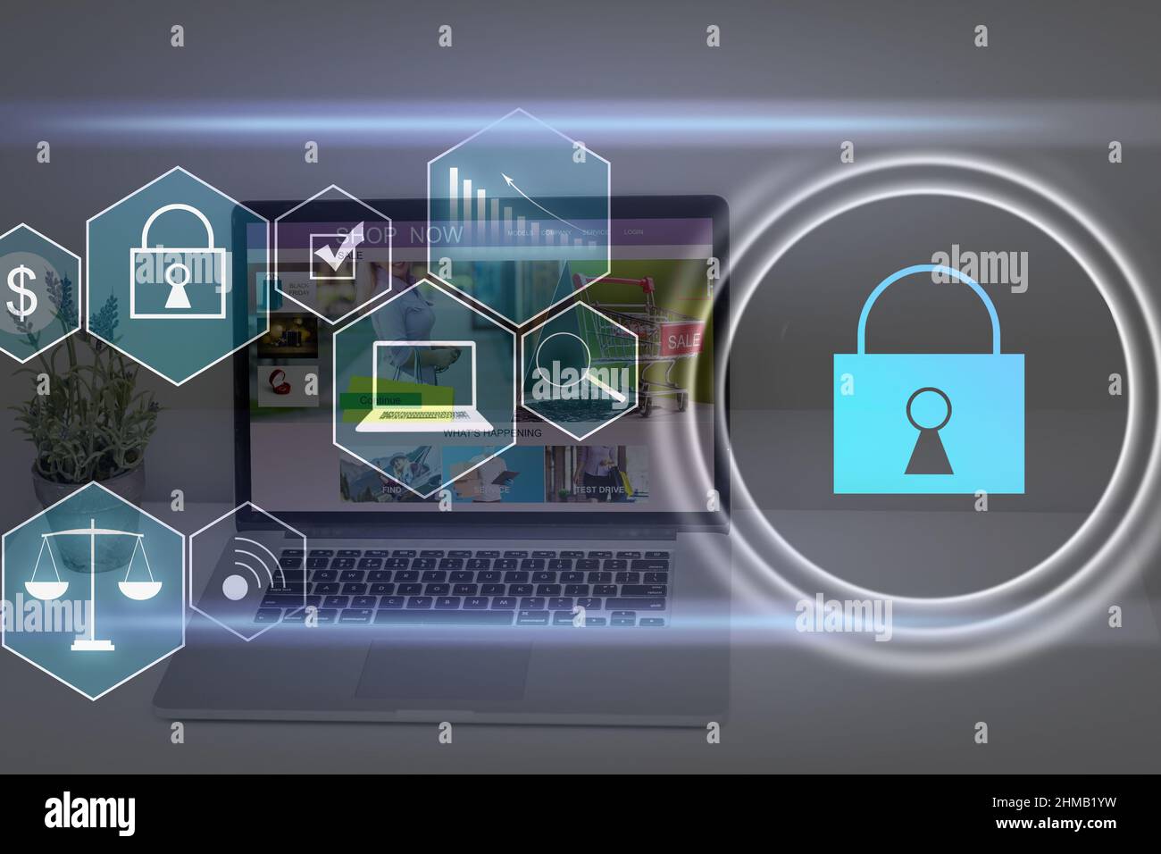 Digital cybersecurity and network protection concept. Virtual locking ...