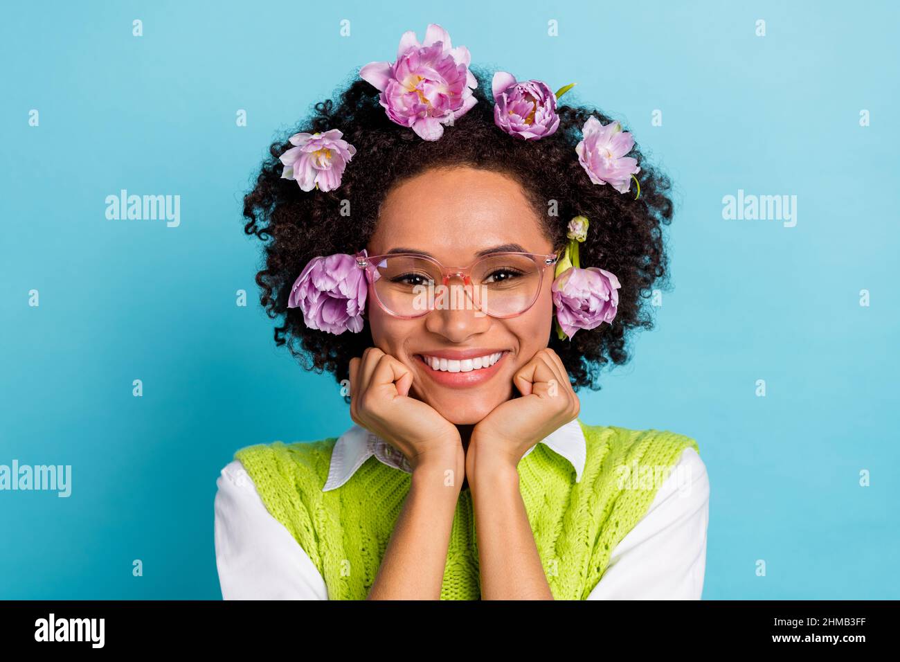 Close-up portrait of cute adorable spring nymph lady with flowers in ...