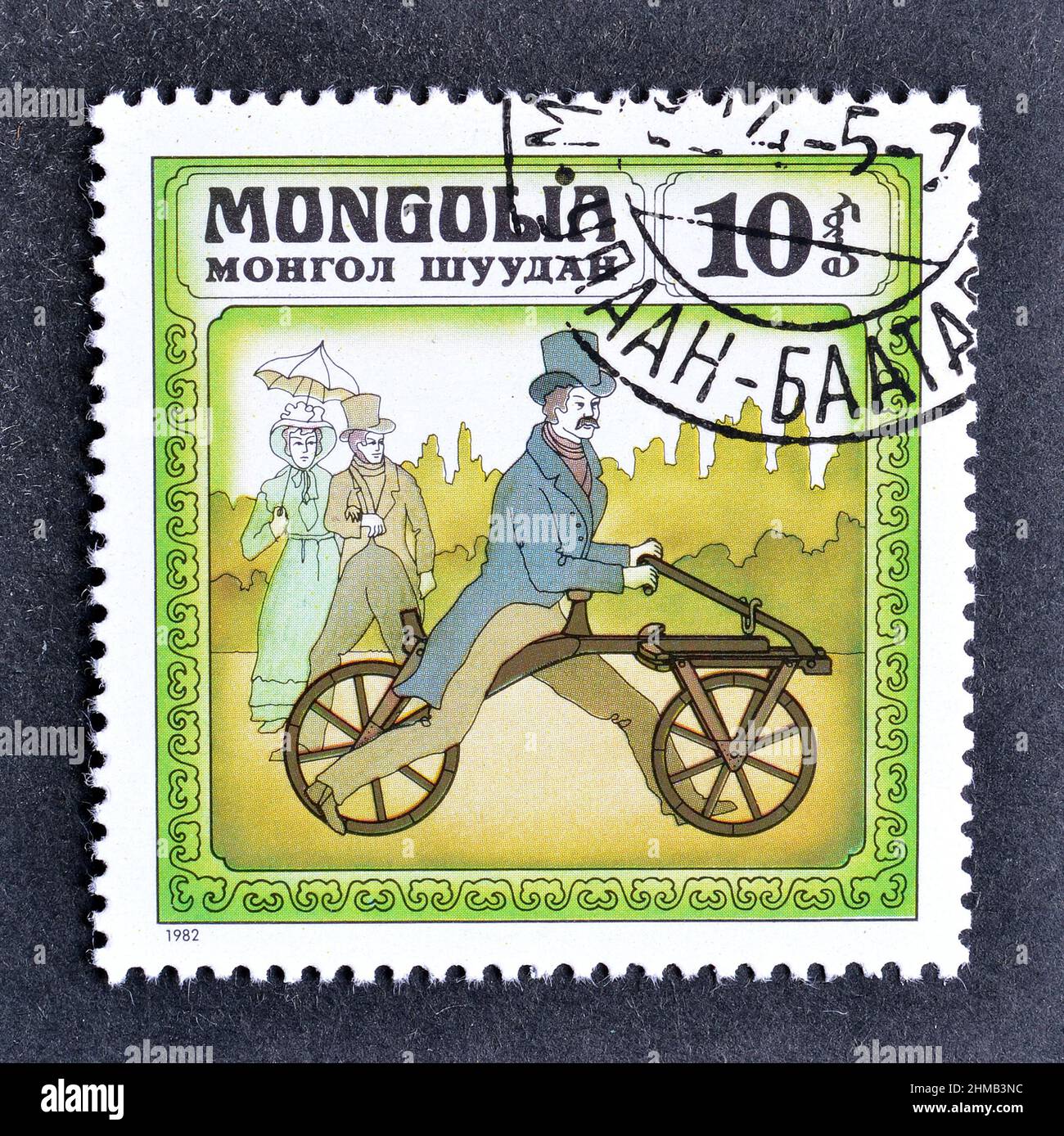 Cancelled postage stamp printed by Mongolia, that shows Old bicycle ...