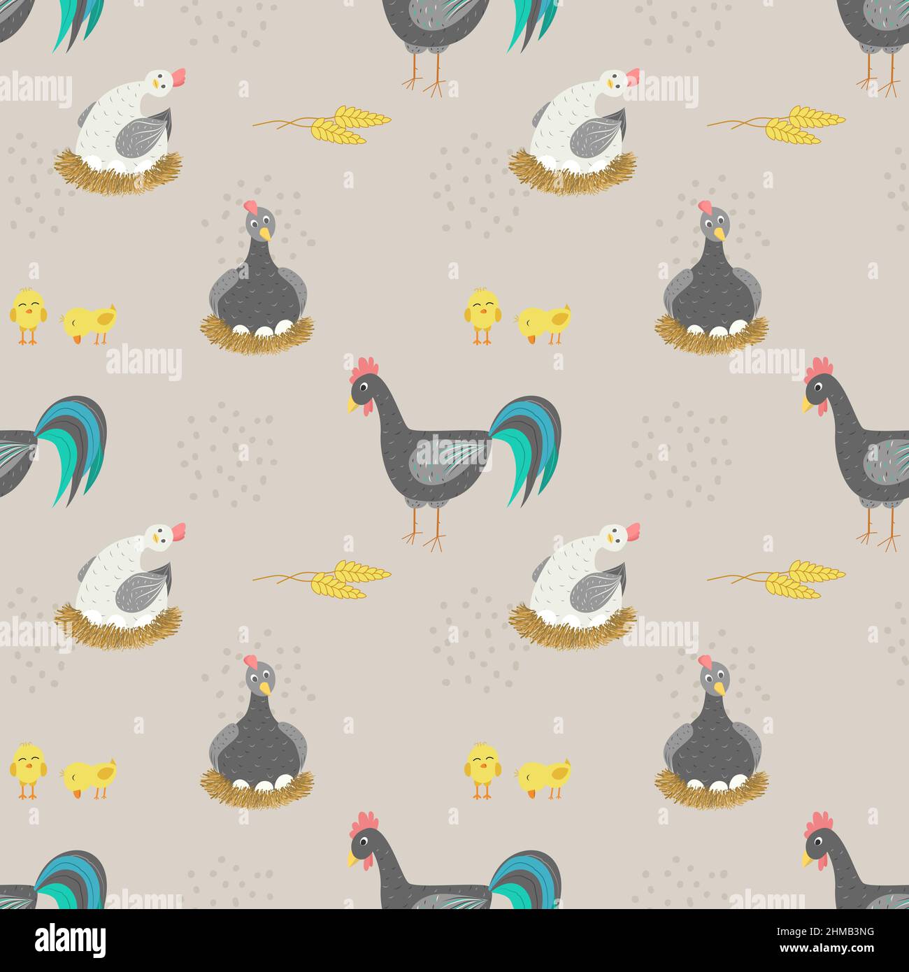 Seamless vector pattern with hen, rooster, chickens. Breeding chickens ...