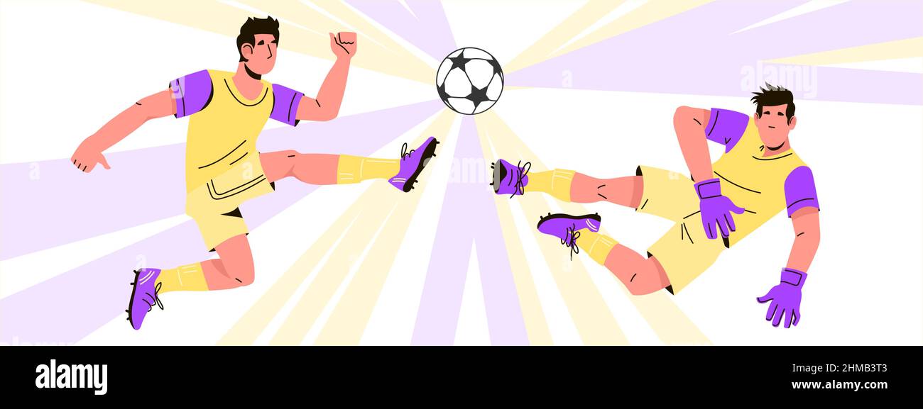 Soccer or football players with ball on decorative banner backdrop flat ...