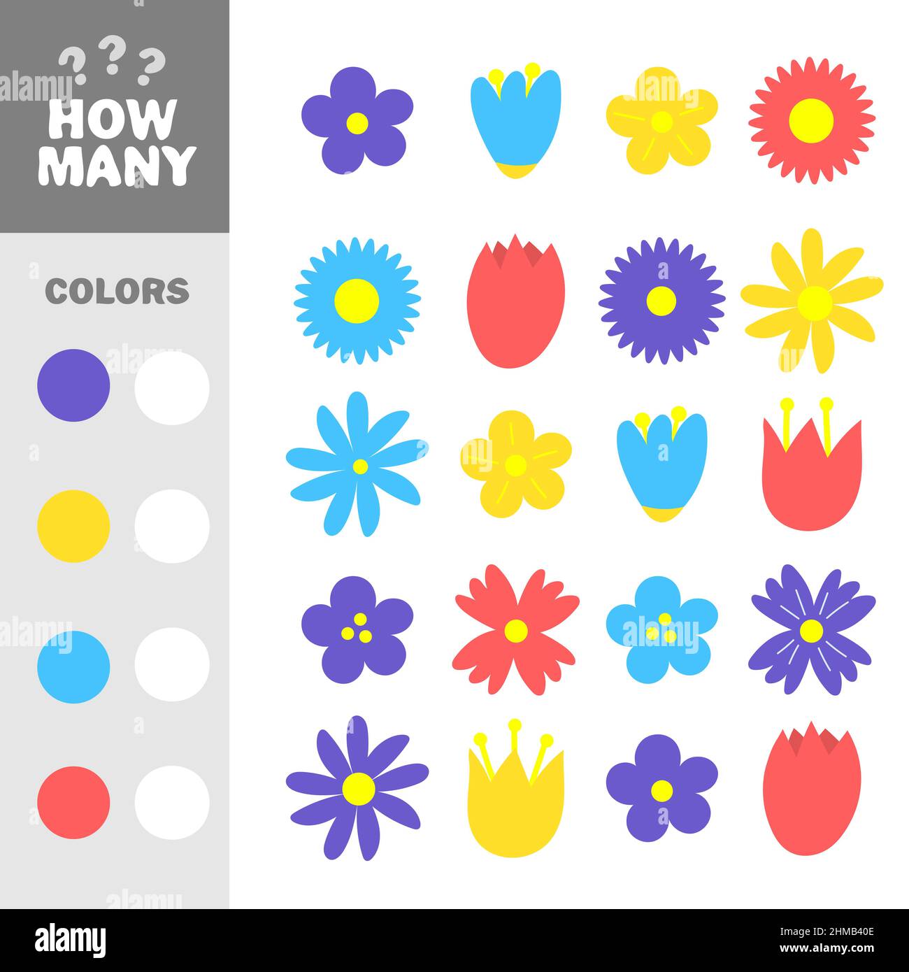Educational maths game for children. How many flower with specific ...