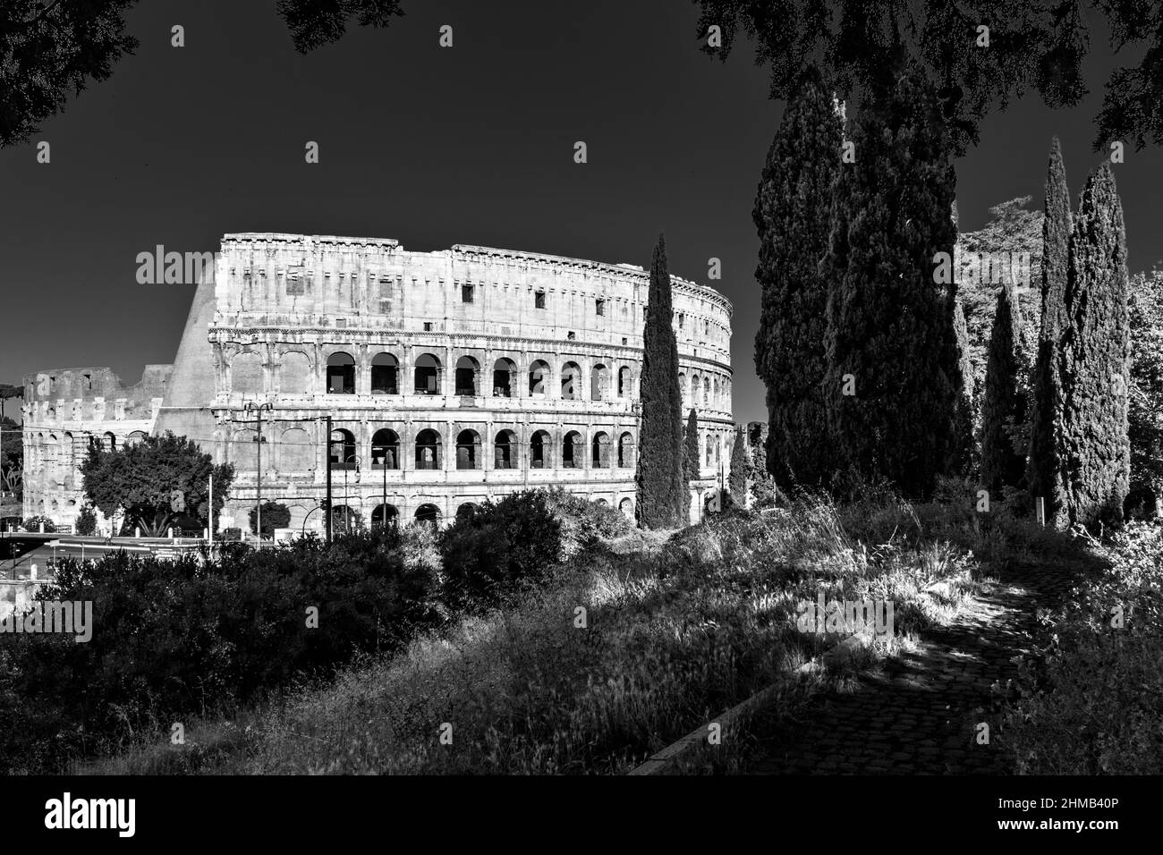 Colosseum or Flavian amphitheater, most famous monument in Rome, B/W ...