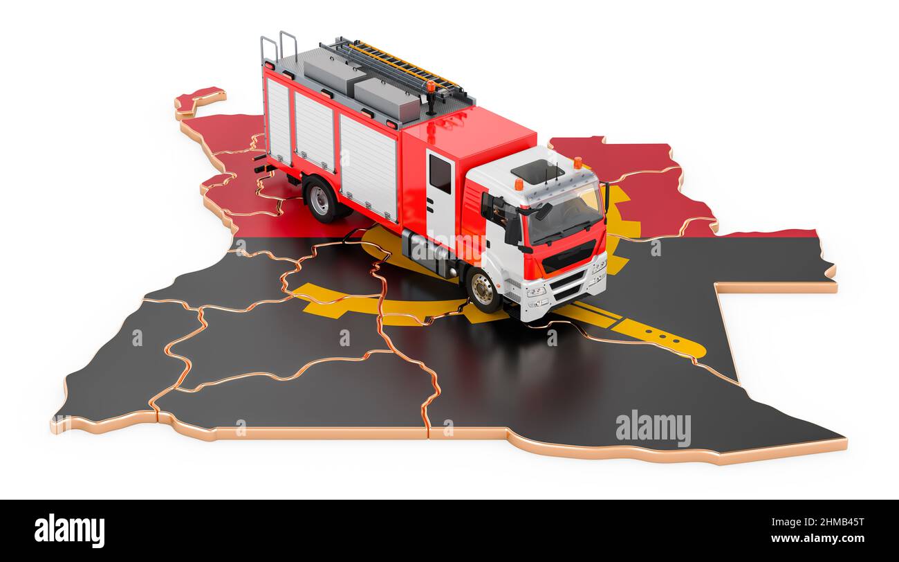 Fire department in Angola. Fire engine truck on the Angolan map. 3D ...