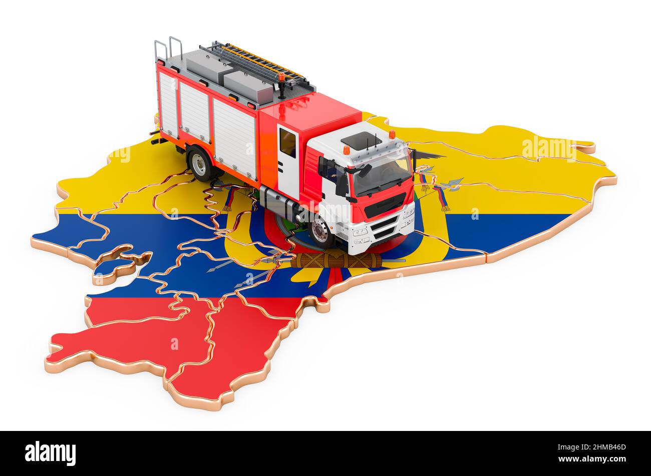 Fire department in Ecuador. Fire engine truck on the Ecuadorian map. 3D ...