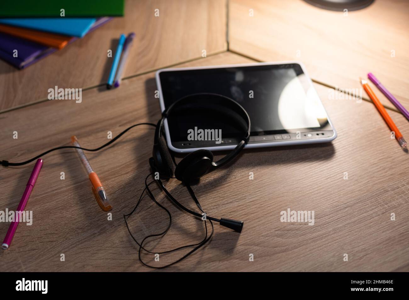 Student desk top view, teenager home workplace table with studying ...