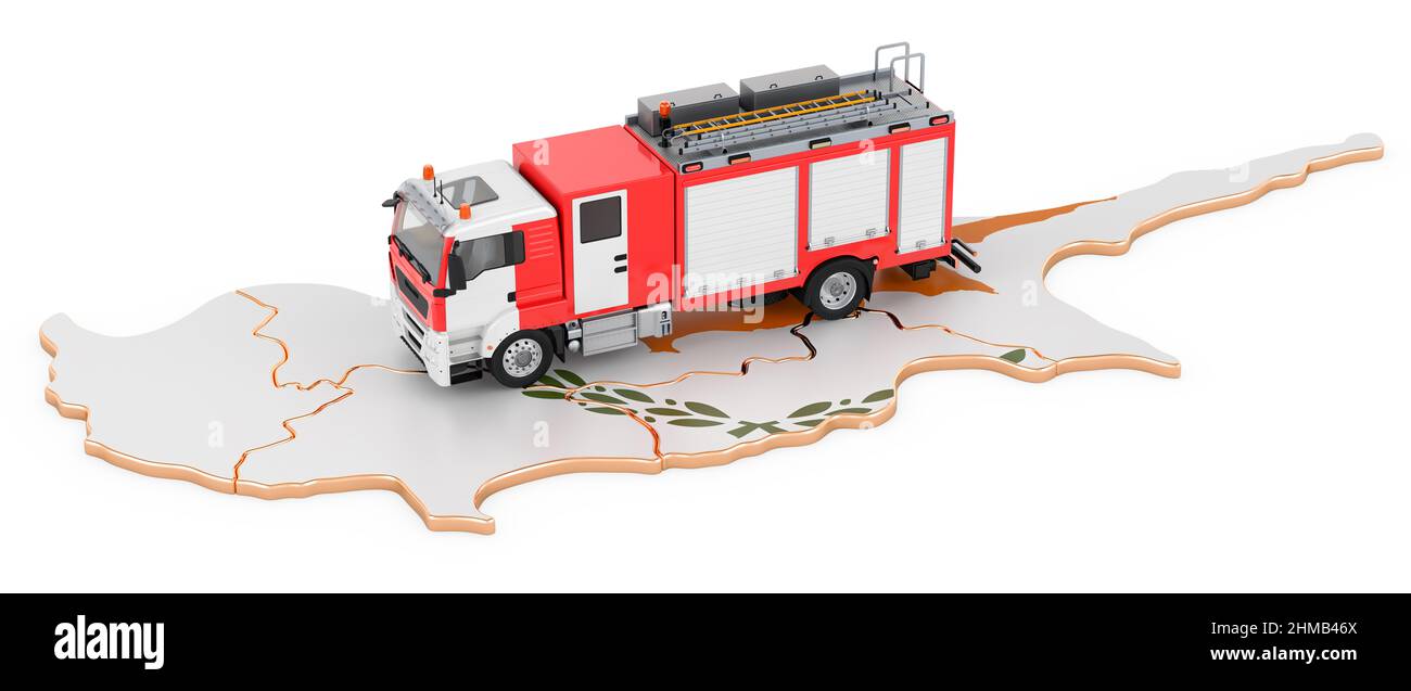 Fire department in Cyprus. Fire engine truck on the Cypriot map. 3D ...