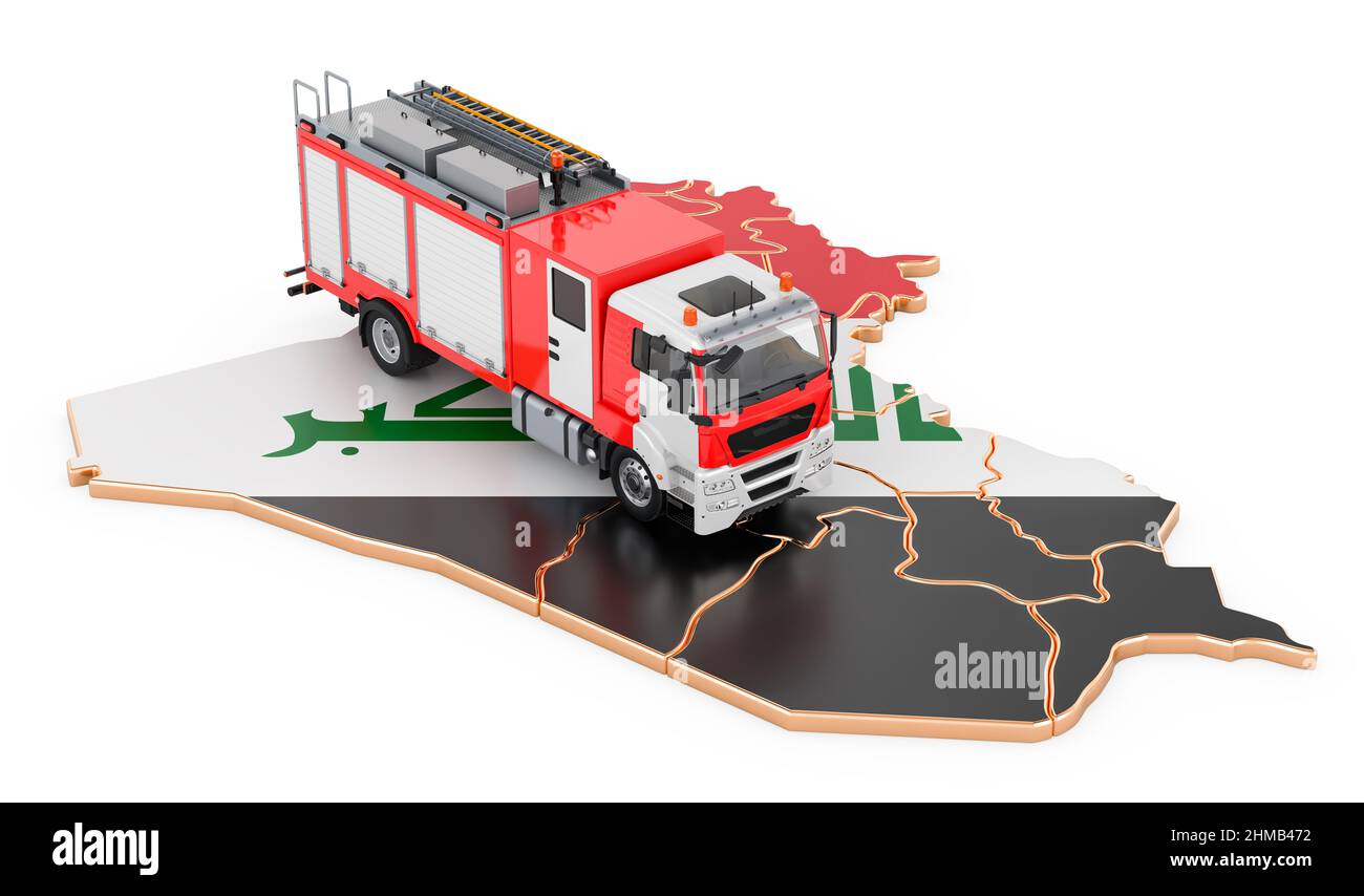 Fire department in Iraq. Fire engine truck on the Iraqi map. 3D ...