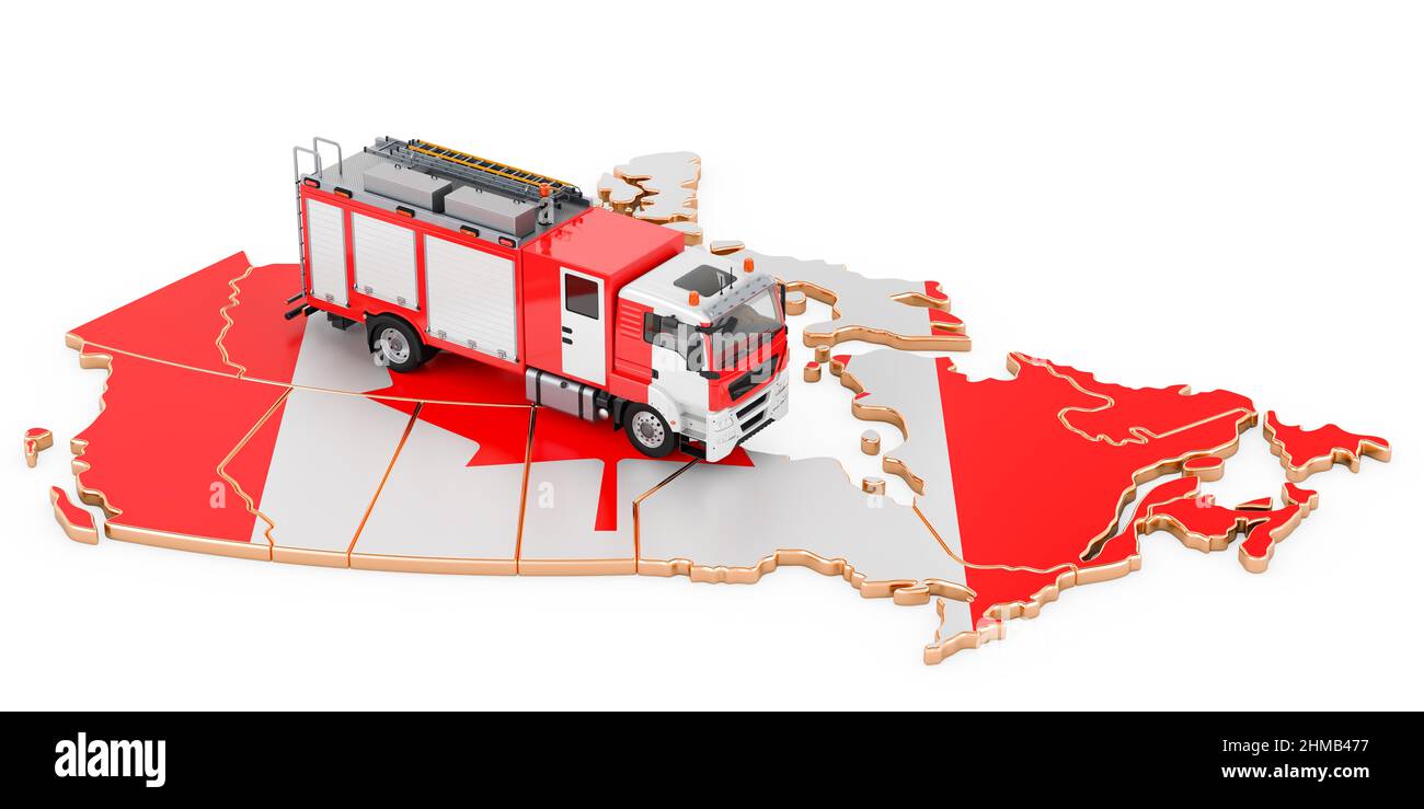 Fire department in Canada. Fire engine truck on the Canadian map. 3D ...