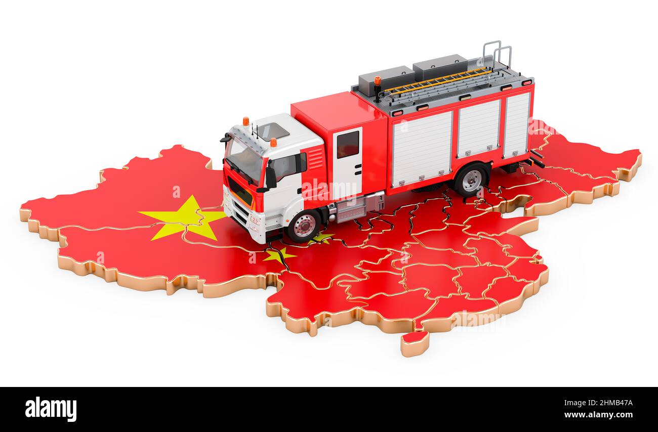 Fire department in China. Fire engine truck on the Chinese map. 3D ...