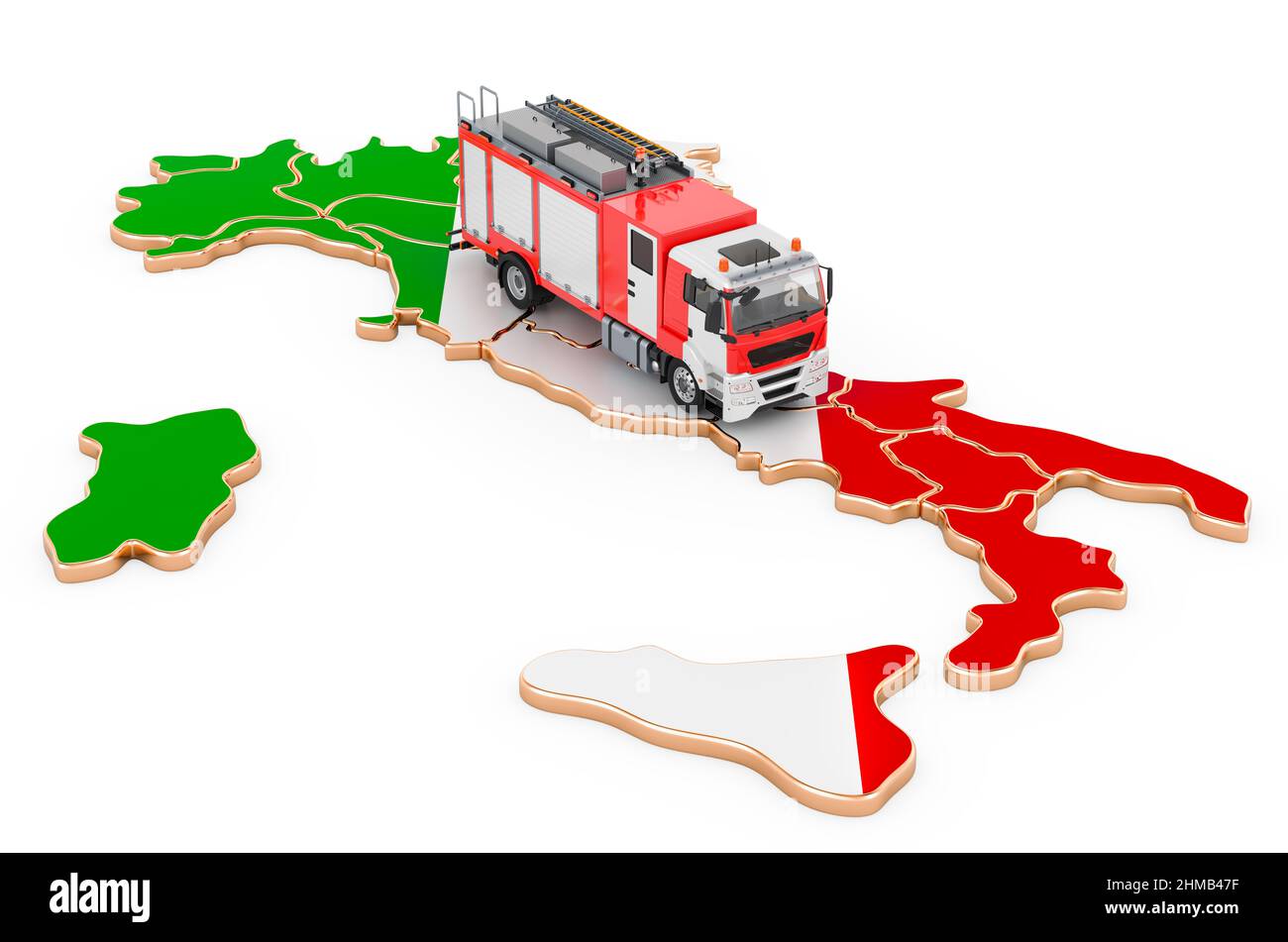 Fire department in Italy. Fire engine truck on the Italian map. 3D ...