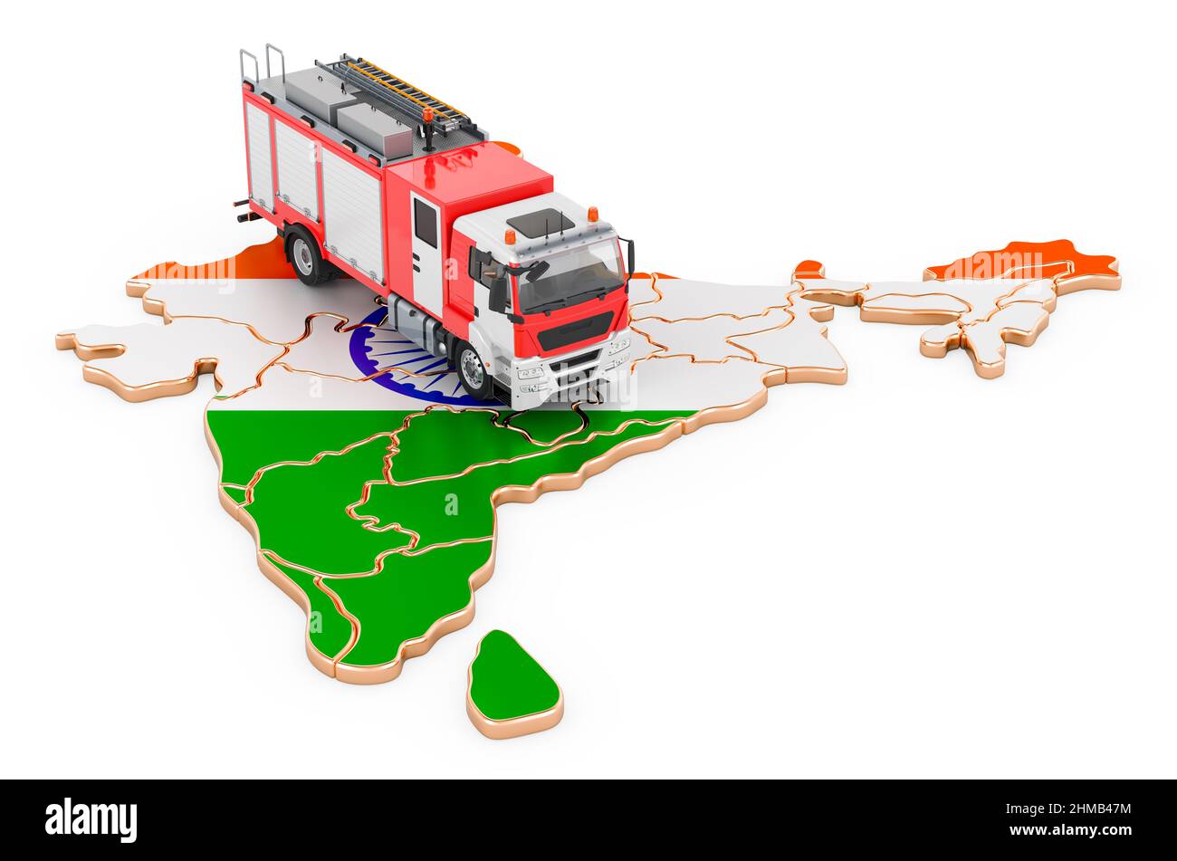 Fire department in India. Fire engine truck on the Indian map. 3D ...