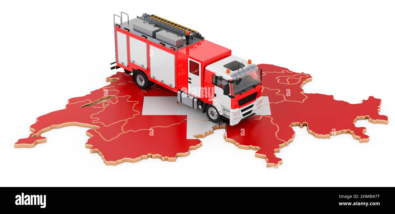 Fire department in Switzerland. Fire engine truck on the Swiss map. 3D ...
