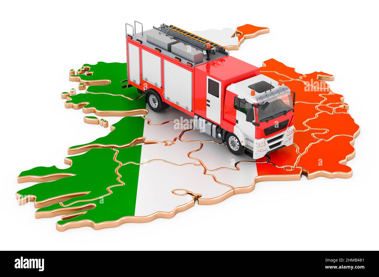 Fire department in Ireland. Fire engine truck on the Irish map. 3D ...