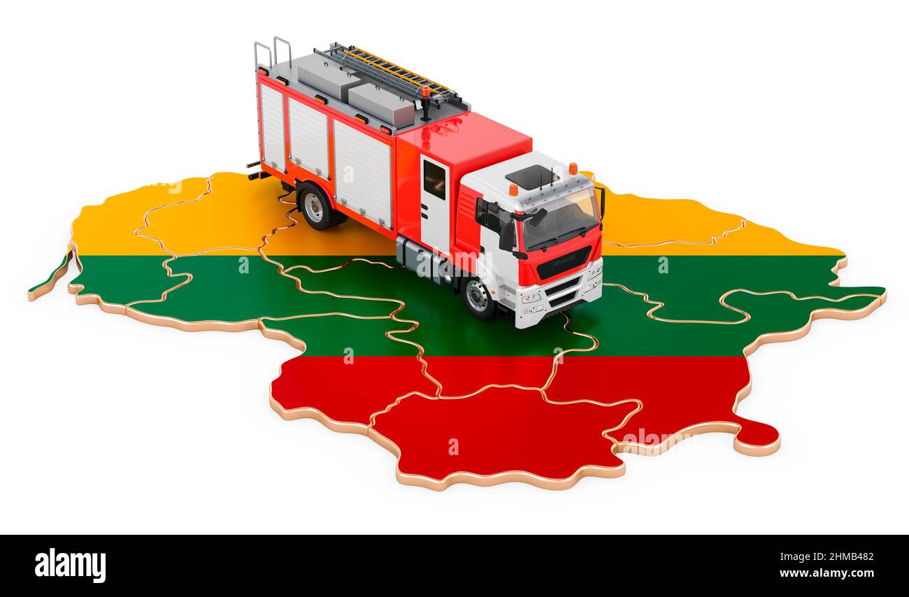 Fire department in Lithuania. Fire engine truck on the Lithuanian map ...