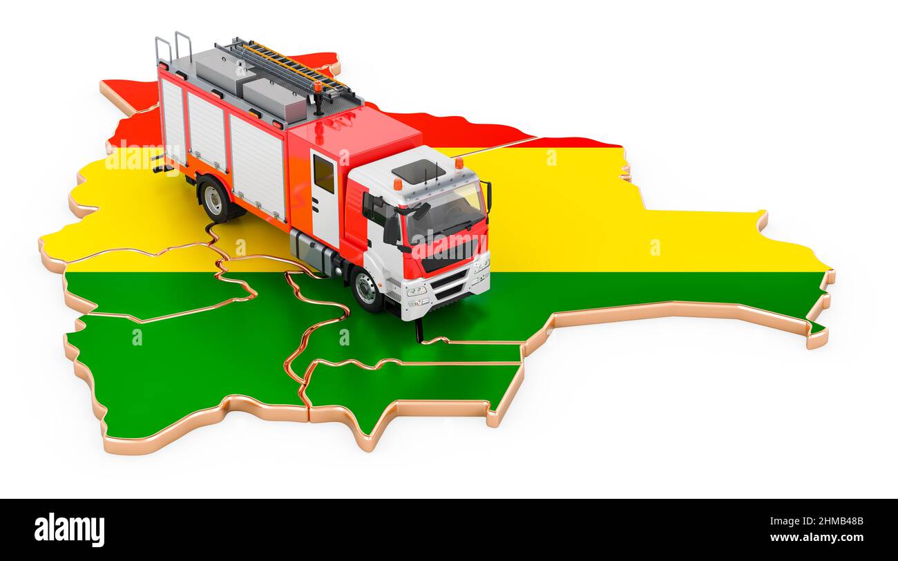 Fire department in Bolivia. Fire engine truck on the Bolivian map. 3D ...