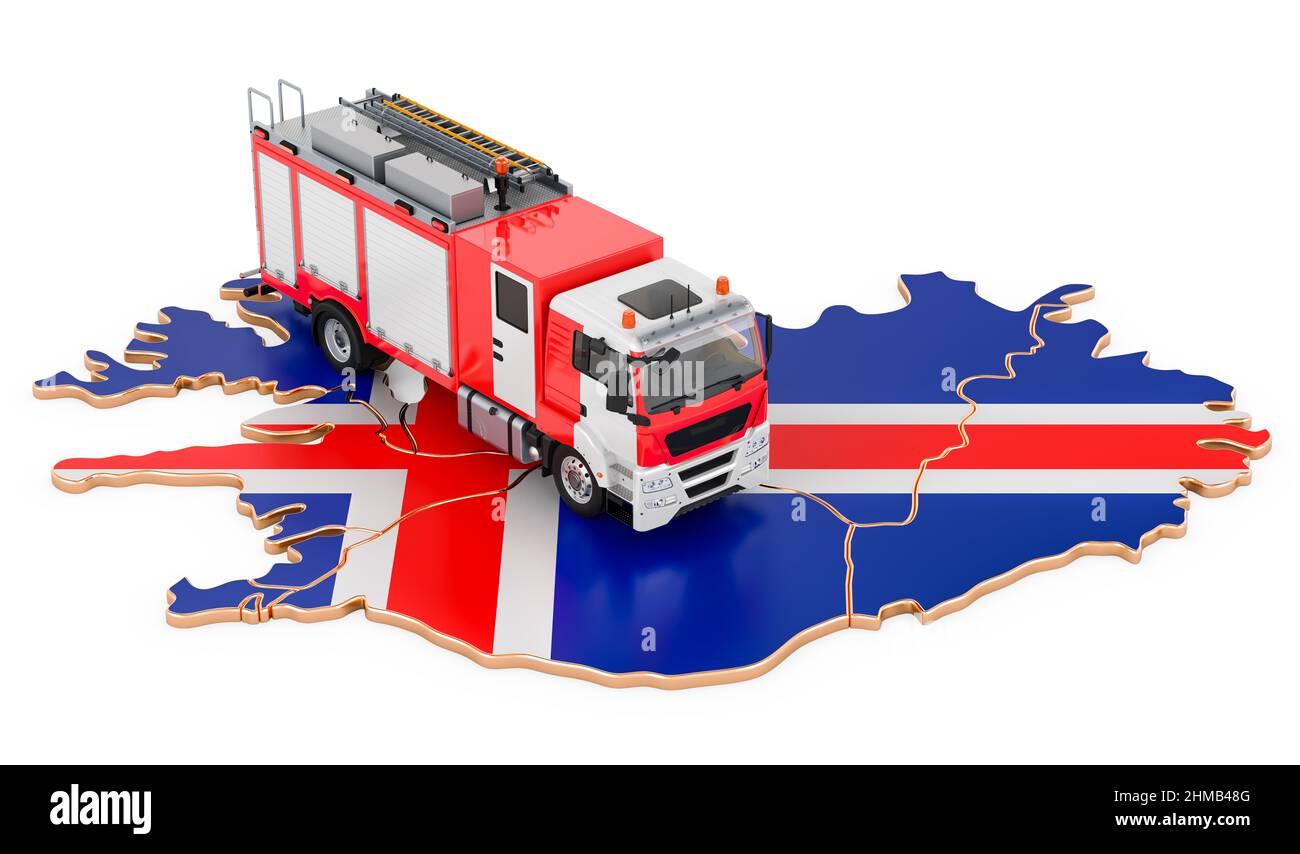 Fire department in Iceland. Fire engine truck on the Icelandic map. 3D ...