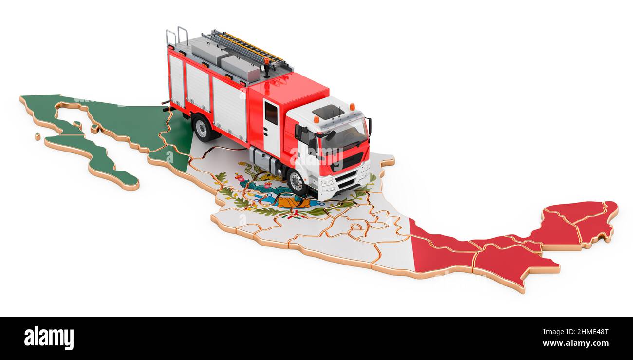 Fire department in Mexico. Fire engine truck on the Mexican map. 3D ...