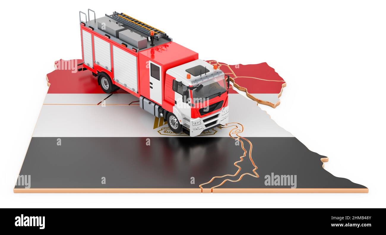 Fire department in Egypt. Fire engine truck on the Egyptian map. 3D ...
