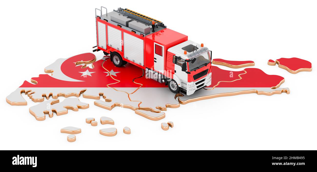 Fire department in Singapor. Fire engine truck on the Singaporean map ...
