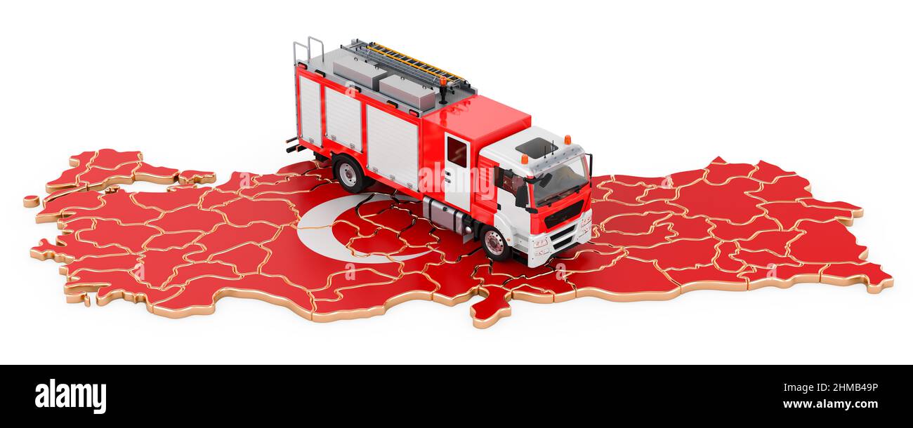 Fire department in Turkey. Fire engine truck on the Turkish map. 3D ...