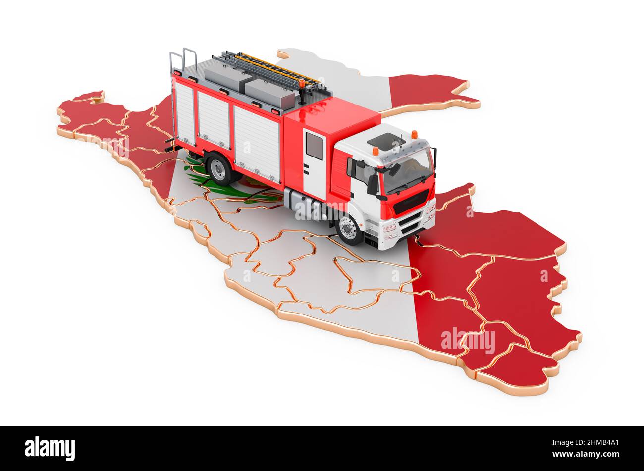 Fire department in Peru. Fire engine truck on the Peruvian map. 3D ...