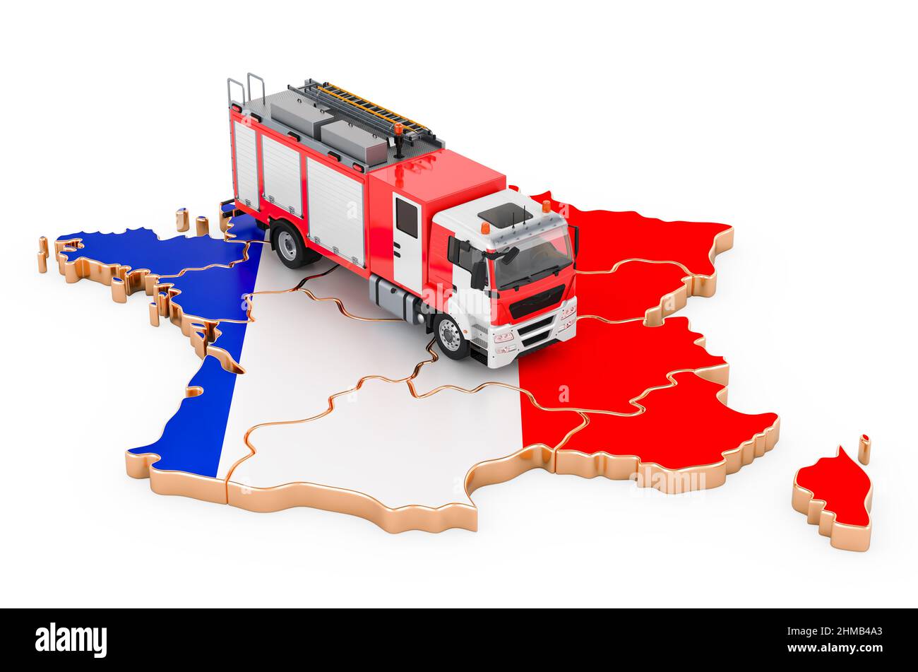 Fire department in France. Fire engine truck on the French map. 3D ...