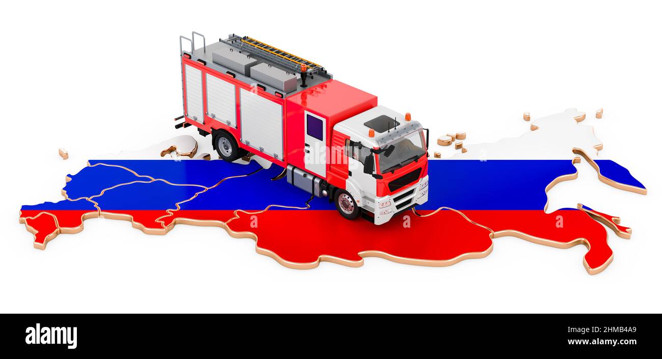Fire department in Russia. Fire engine truck on the Russian map. 3D ...