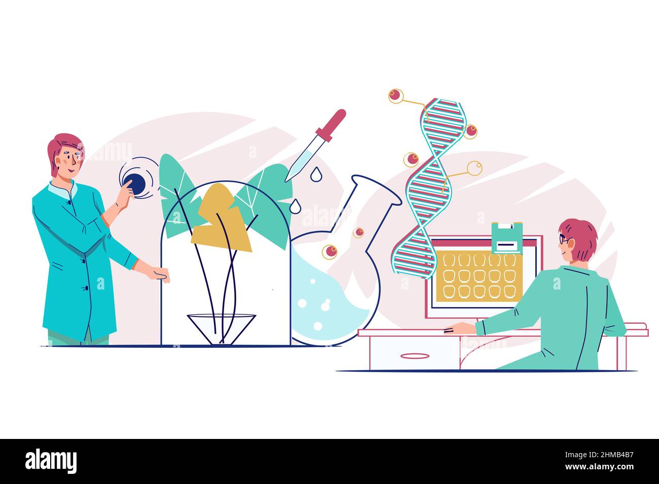 Bioengineering, biotechnology and microbiology researches, flat vector ...