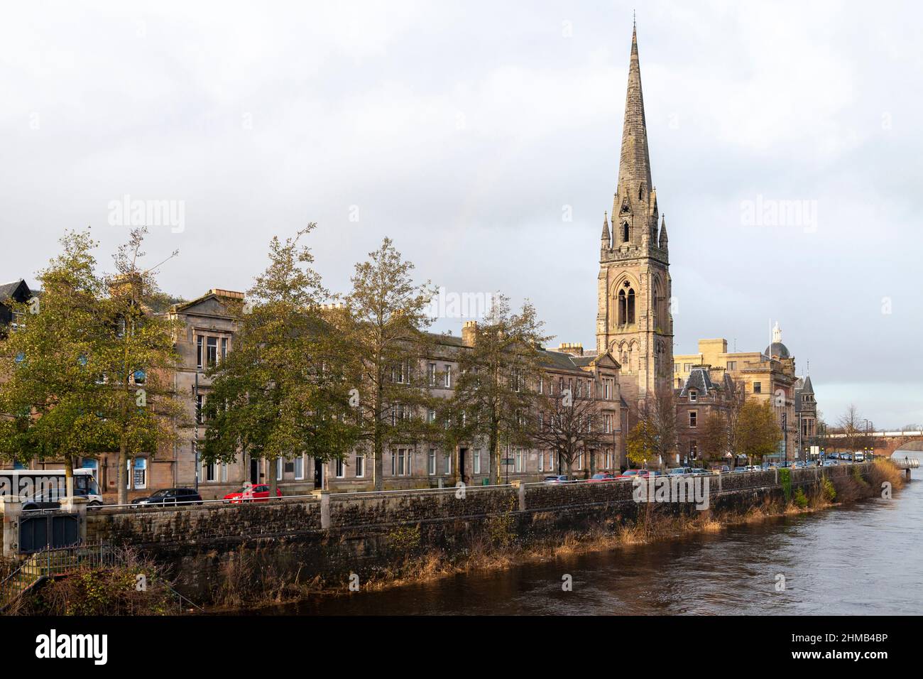 A view across River Tay to St Matthew's Church and Smeaton's bridge ...