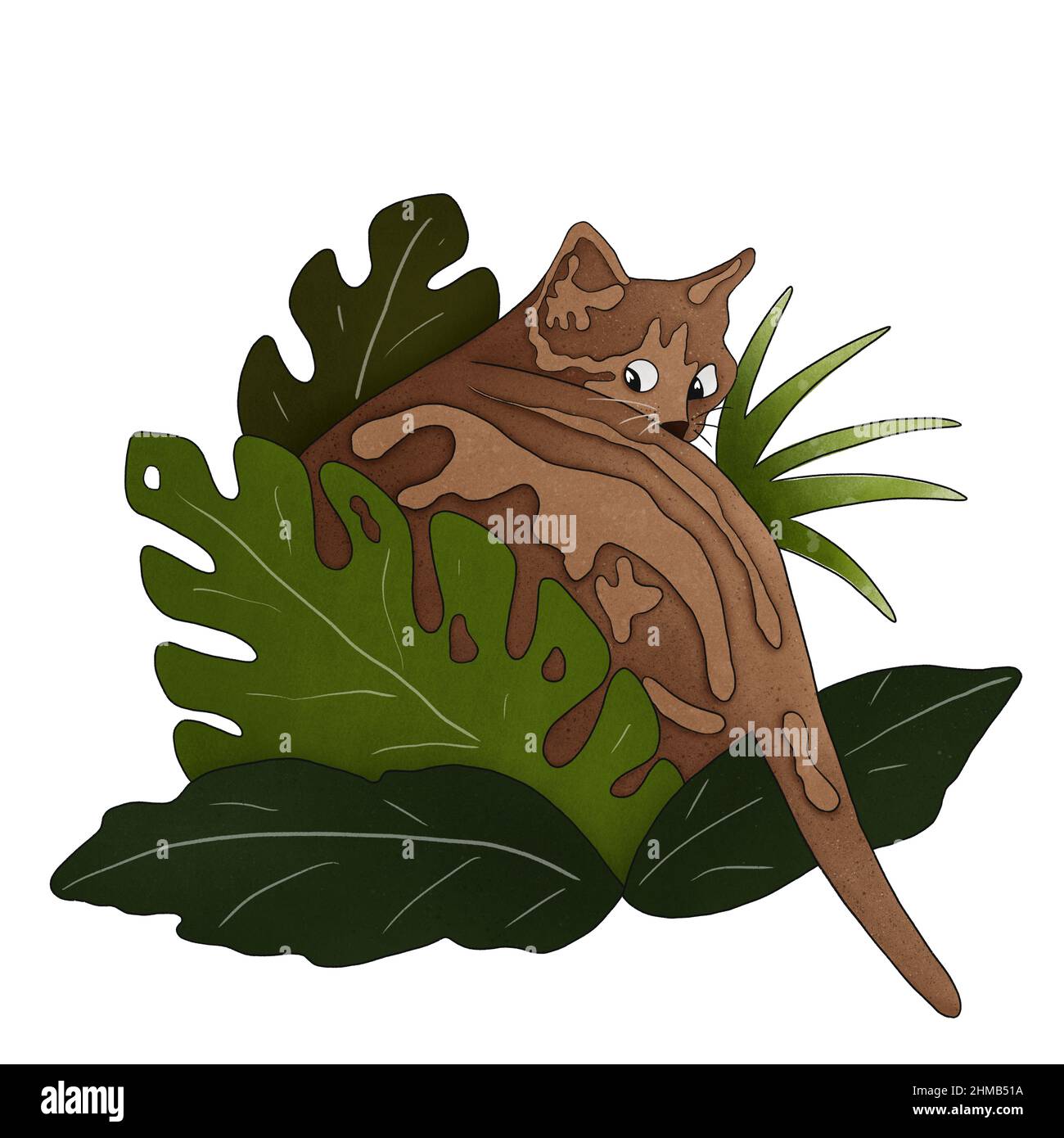 Cute cat and tropical leaves hand drawn illustration. Jungle drawing ...