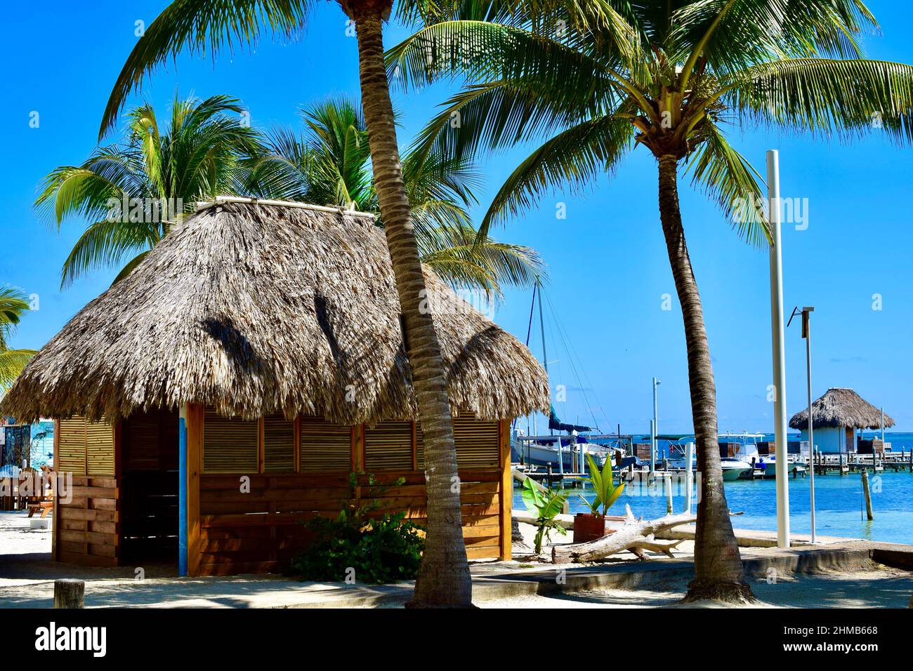 A thatched roof tiki hut on the beach facing the Caribbean Sea on San ...