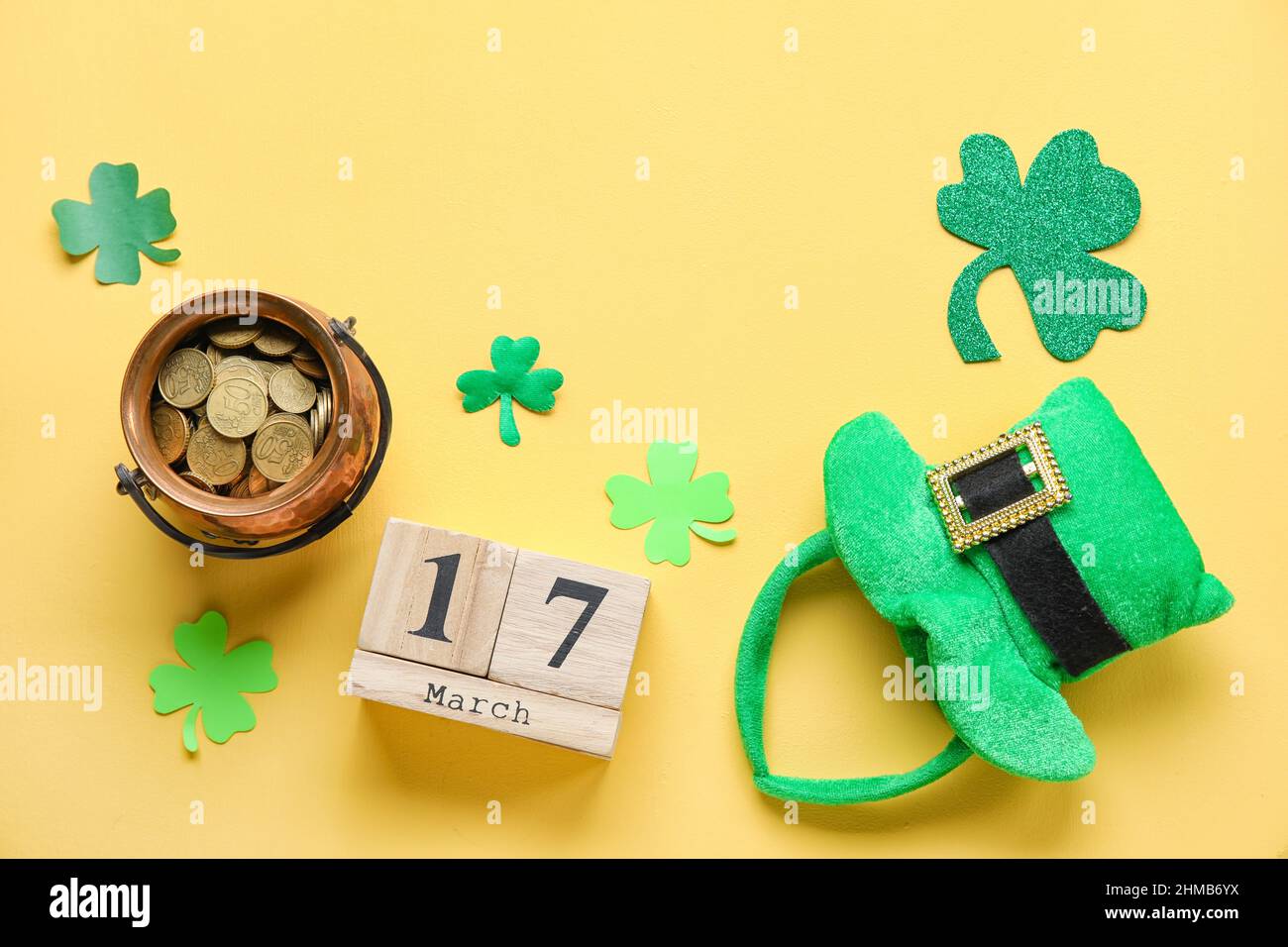 Leprechaun pot with golden coins, hat and calendar with date of St ...