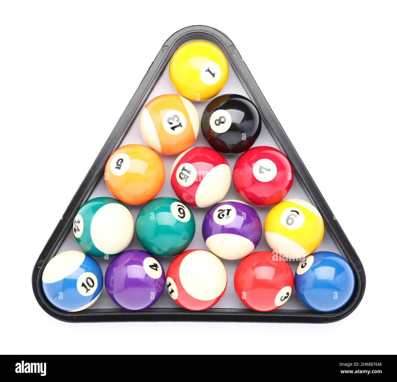 Billiard balls in triangle on white background Stock Photo - Alamy