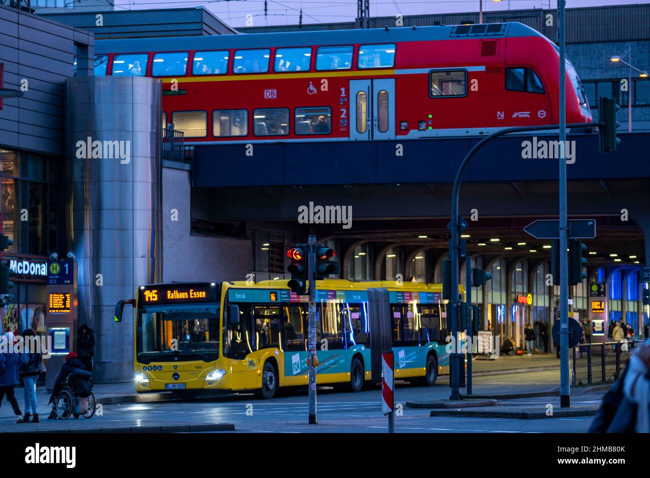 Essen main station, regional express, local train, street subway, bus ...
