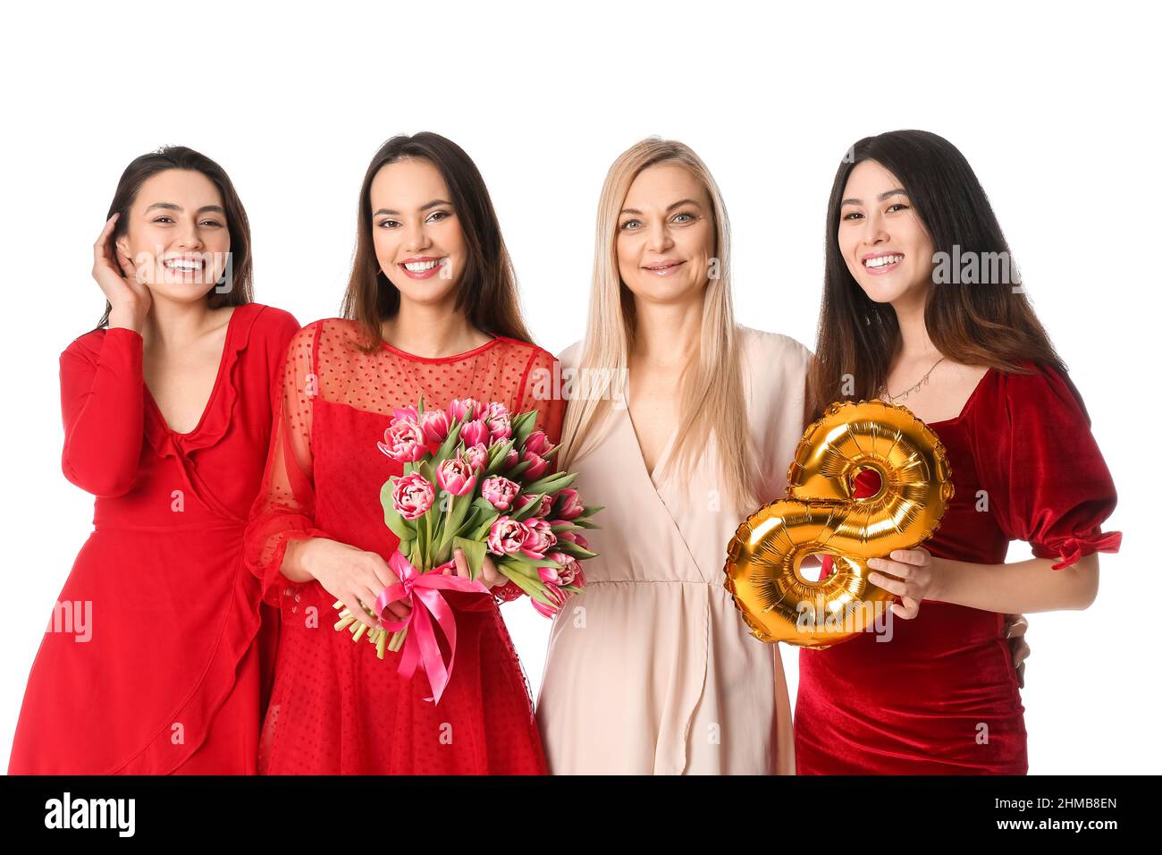 Beautiful women with flowers and balloon in shape of figure 8 on white ...