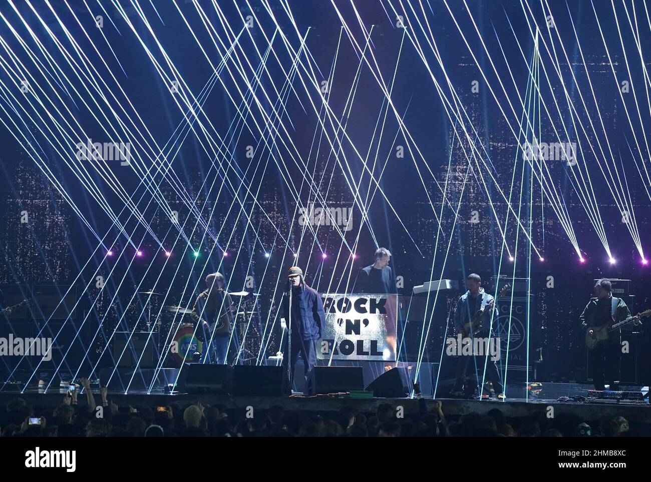 Liam Gallagher performs during the Brit Awards 2022 at the O2 Arena ...