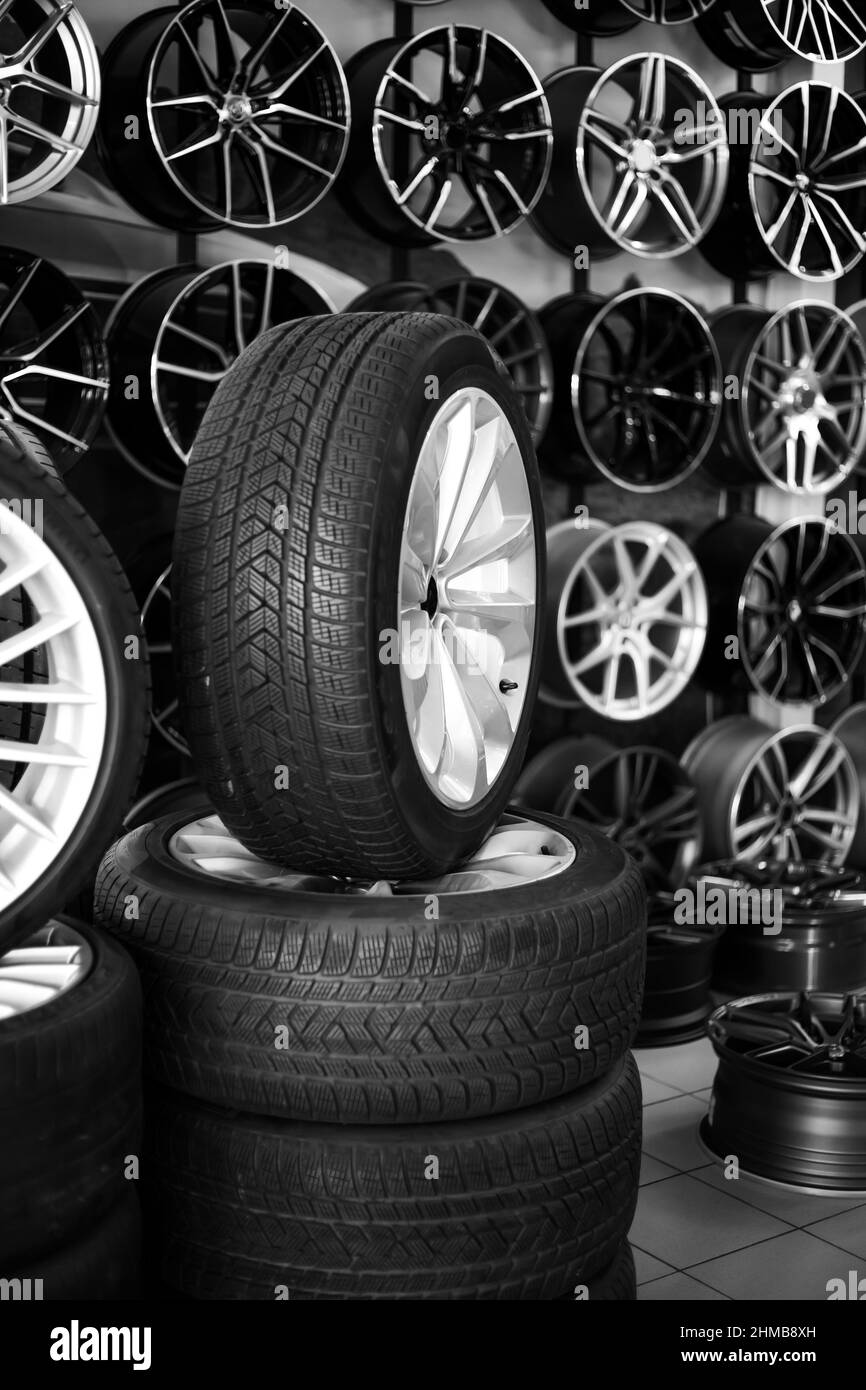 Car wheel in repair shop Black and White Stock Photos & Images - Alamy