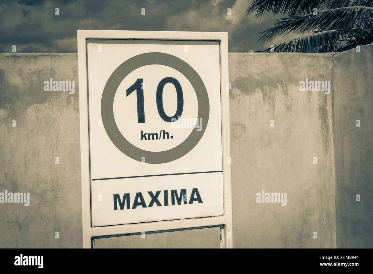 Black and white picture of a road sign maximum 10 km/h speed at the ...