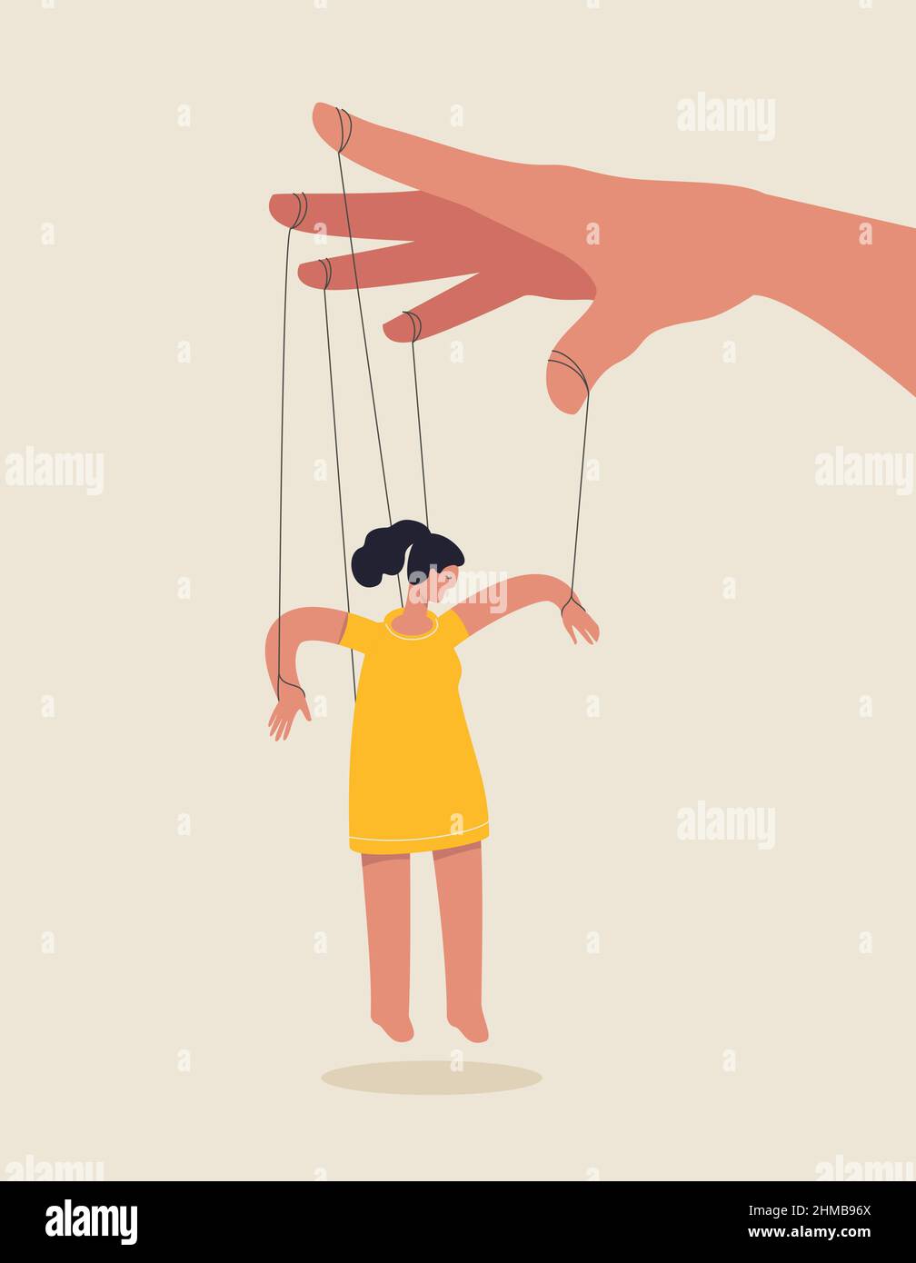 Woman as puppet controlled by big hand puppeteer. Manipulation concept ...
