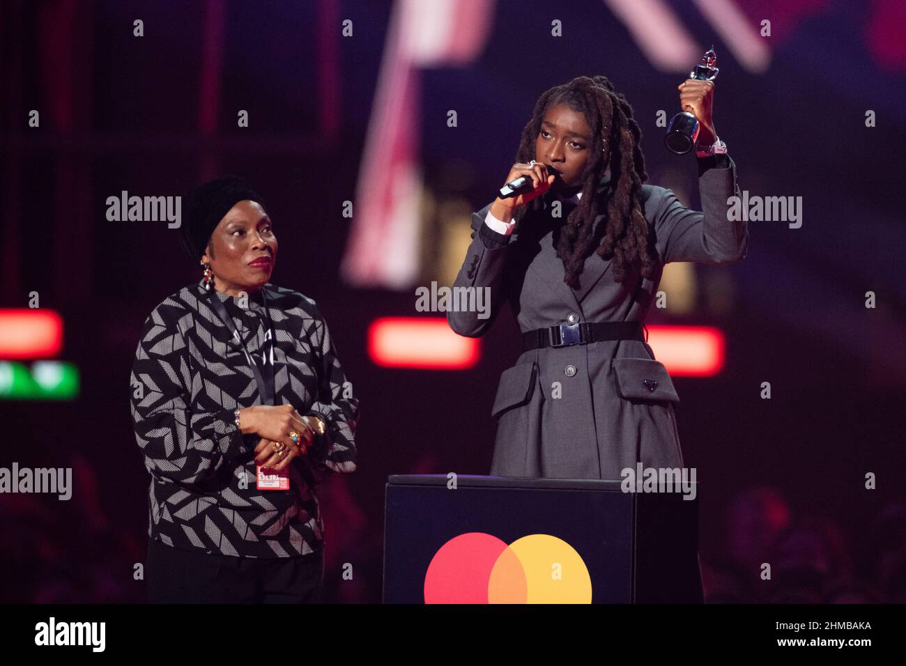 London, UK. 8 February 2022. Little Simz on stage during the the Brit ...