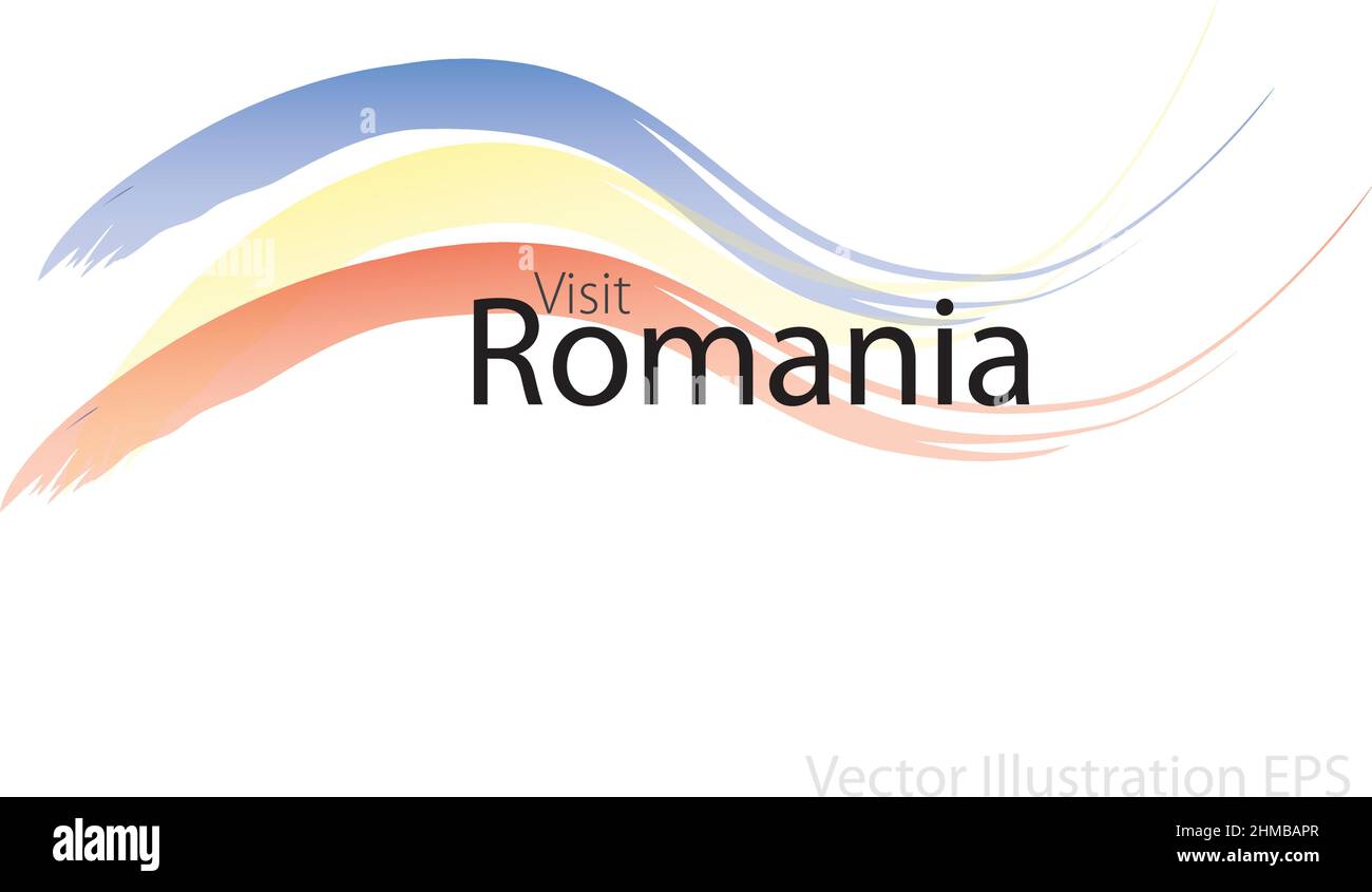 the slogan visit Romania with curved waves in watercolor style which ...