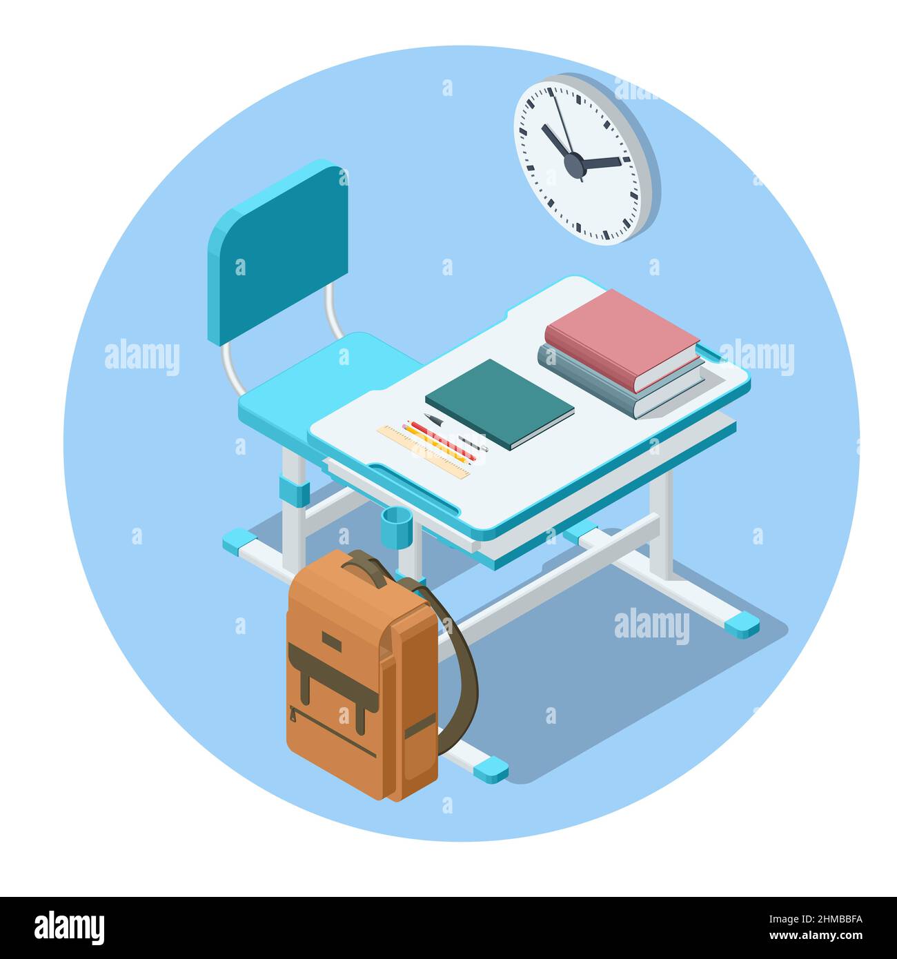 Isometric school desk and a chair isolated on white background. Wooden ...