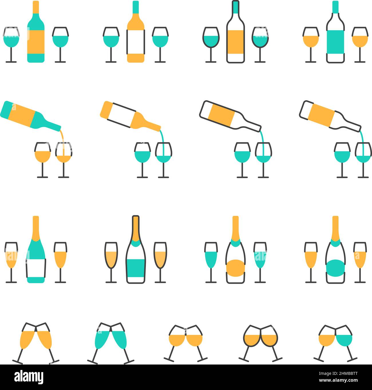 Wine bottle glasses champagne line icons set. Abstract alcoholic drinks ...
