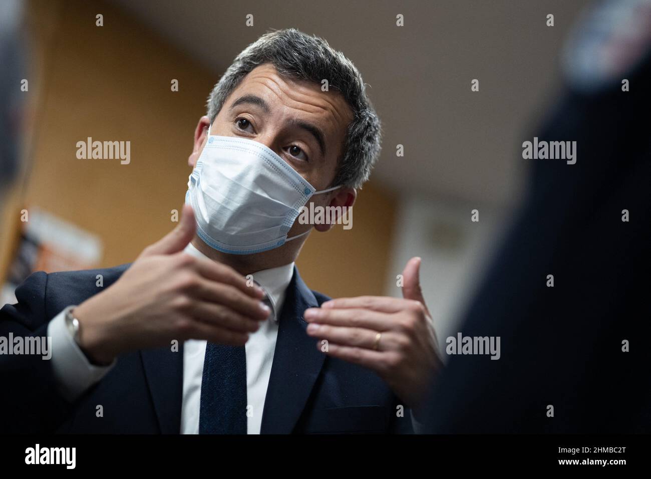 Paris, France, February 8, 2022. French Minister of Interior Gerald Darmanin speaks to Police ...