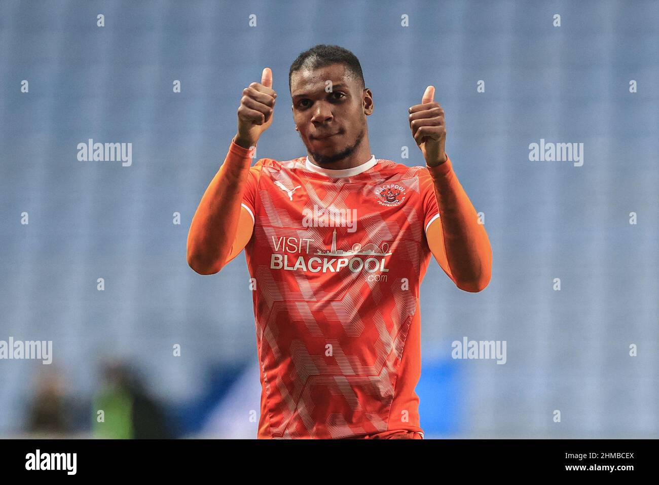 Dujon Sterling #35 of Blackpool gives the traveling fans the thumbs up ...