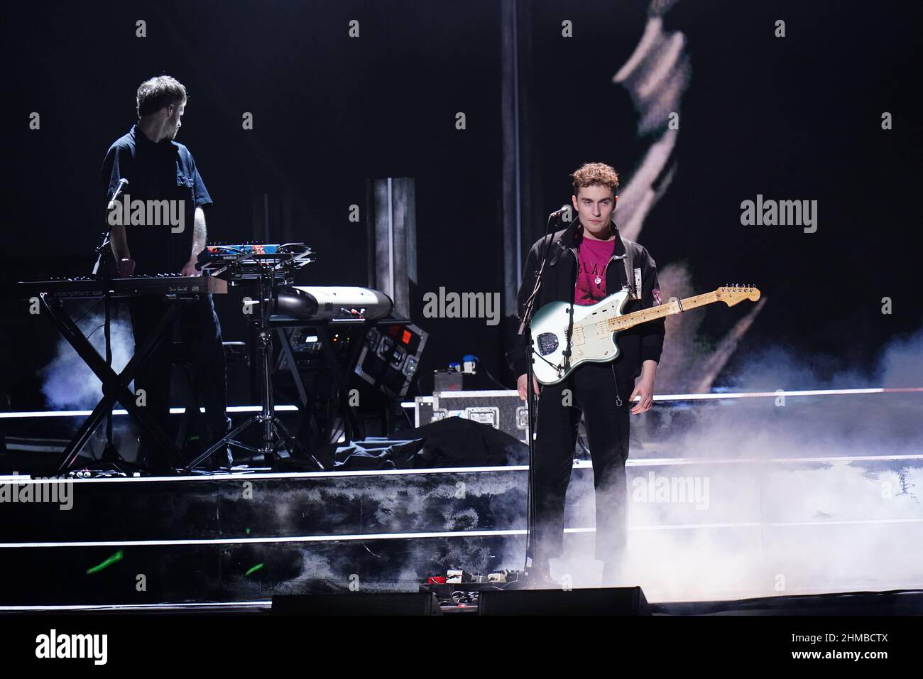 Sam Fender performs during the Brit Awards 2022 at the O2 Arena, London ...