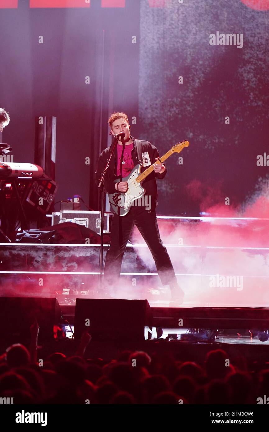 Sam Fender performs during the Brit Awards 2022 at the O2 Arena, London ...